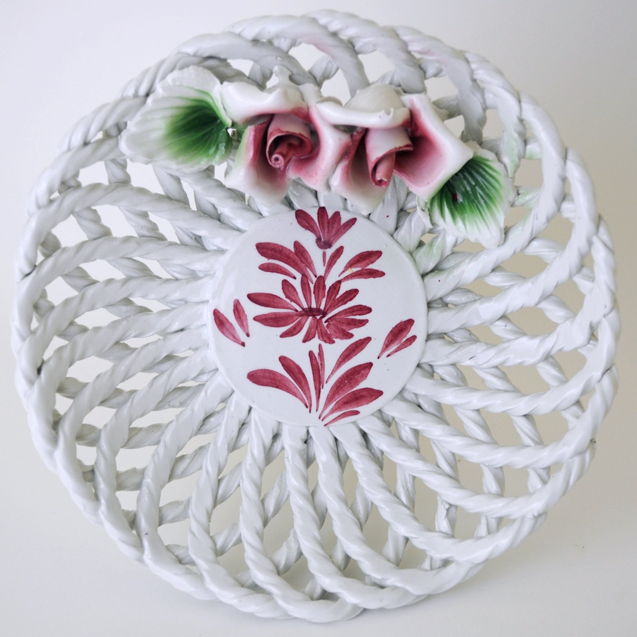 Vintage Capodimonte Pedestal Bowl Rope Weave Pattern with Roses 1950 ...
